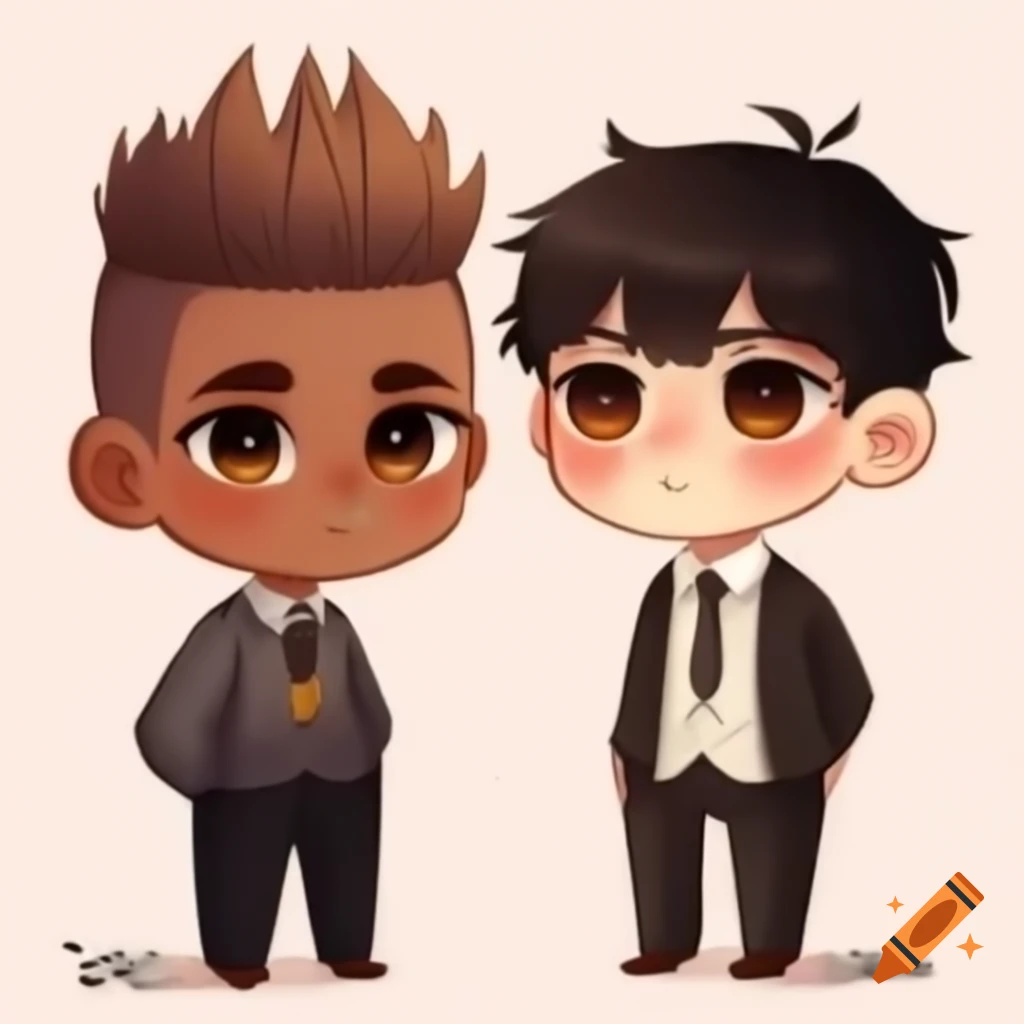 Chibi styled boys in suits with excited expressions on Craiyon