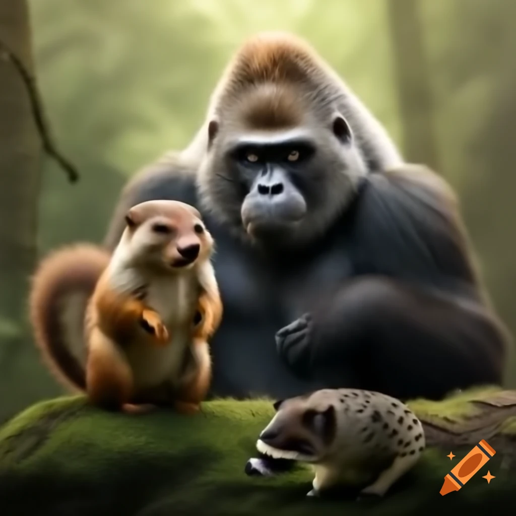 Squirrel, gorilla, and raccoon looking down from heaven on Craiyon