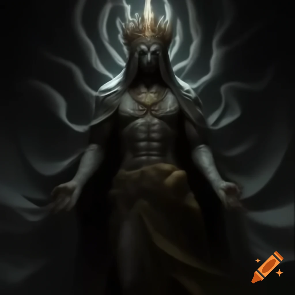 Tall figure with obsidian skin and silver mane emerging from shadows on ...