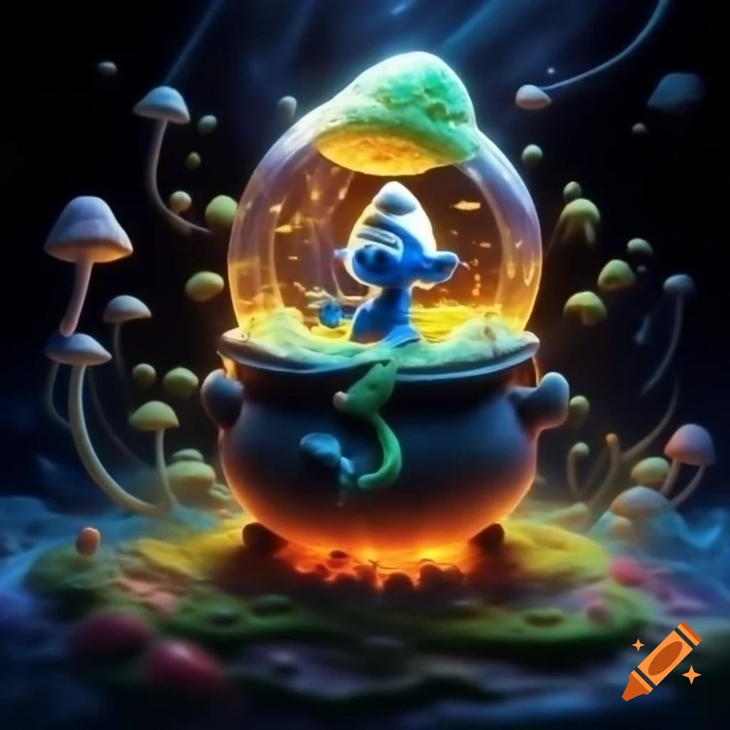 Smurf in psychedelic cauldron with glowing mushrooms and cosmic ...