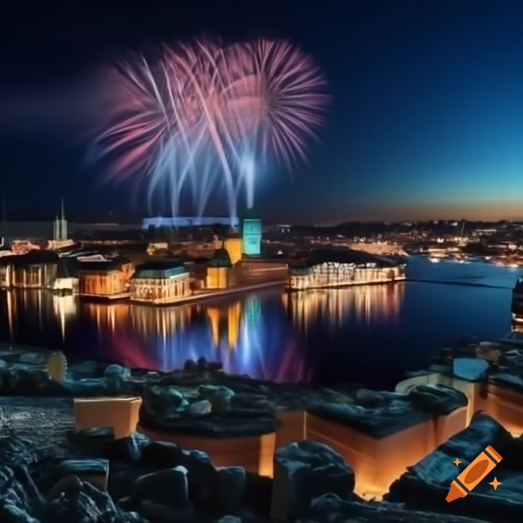 Panoramic view of stockholm with fireworks on new year's eve 2324 on ...