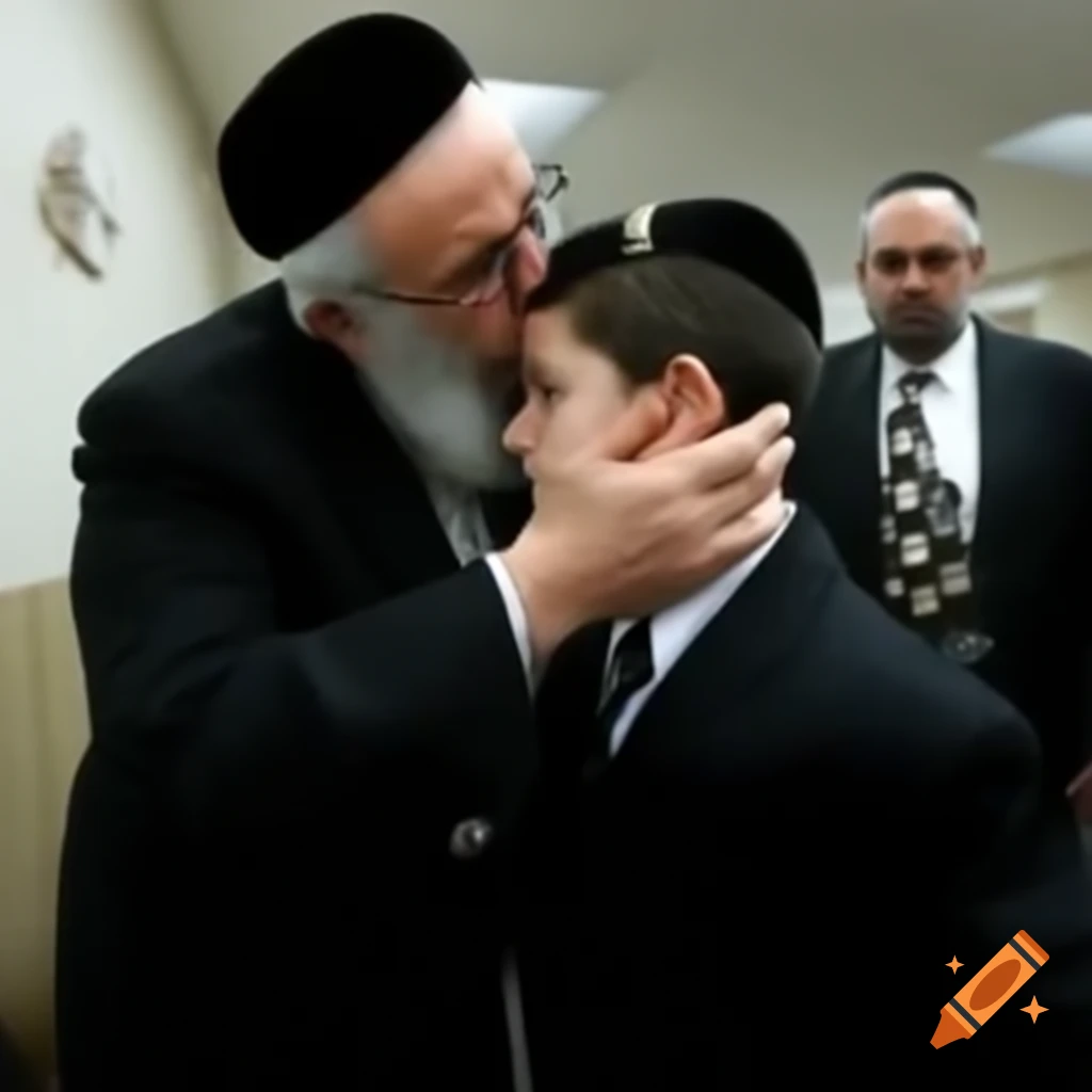 Rabbi father affectionately kissing soldier son on forehead on Craiyon