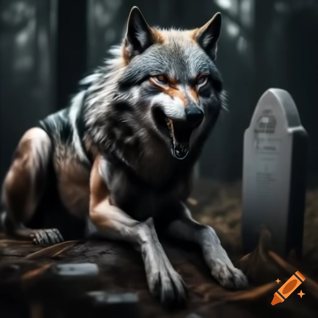 Fierce wolf sitting beside weathered headstone on Craiyon