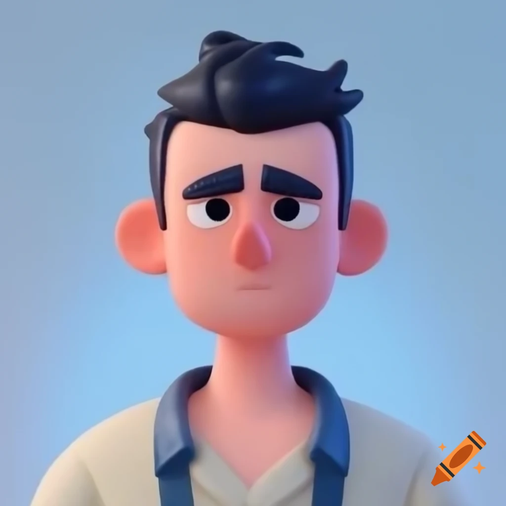 2D animated model of young man with serious expression and short hair ...