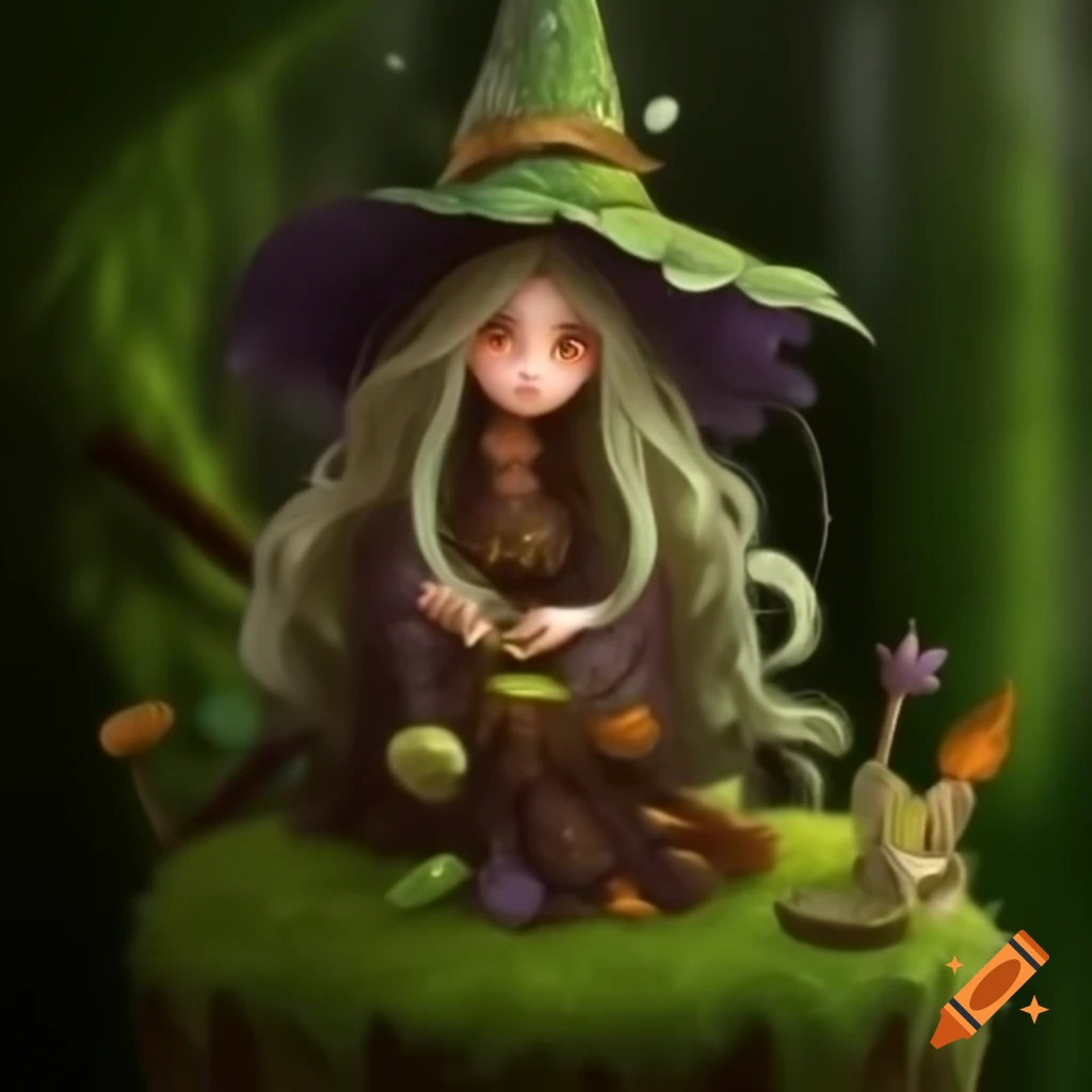 Humanlike plant witch in lush forest with flower-adorned hair and moss ...