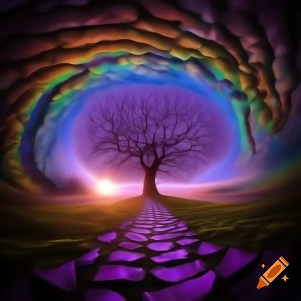 Path winding between twisted trees with kaleidoscopic purple sky and ...