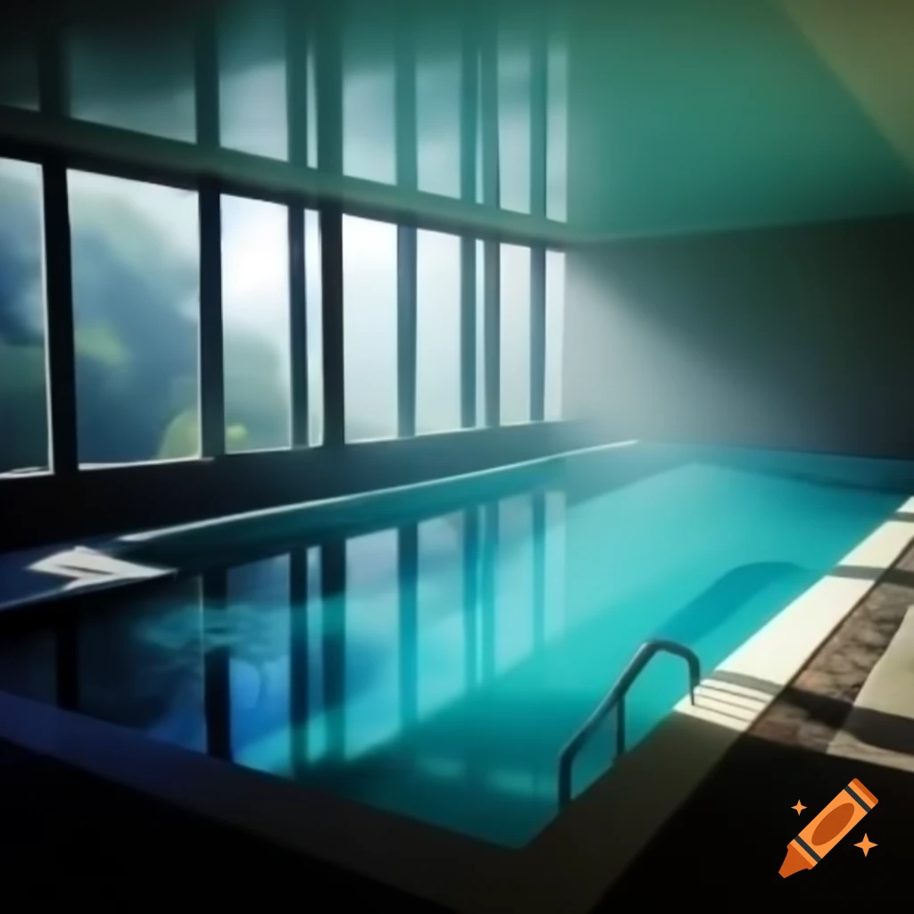 Peaceful liminal space pool with hazy distant windows on Craiyon
