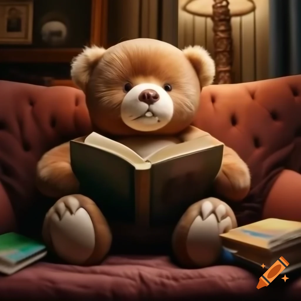 Cute teddy bear smiling on mini sofa, reading book with happy ...