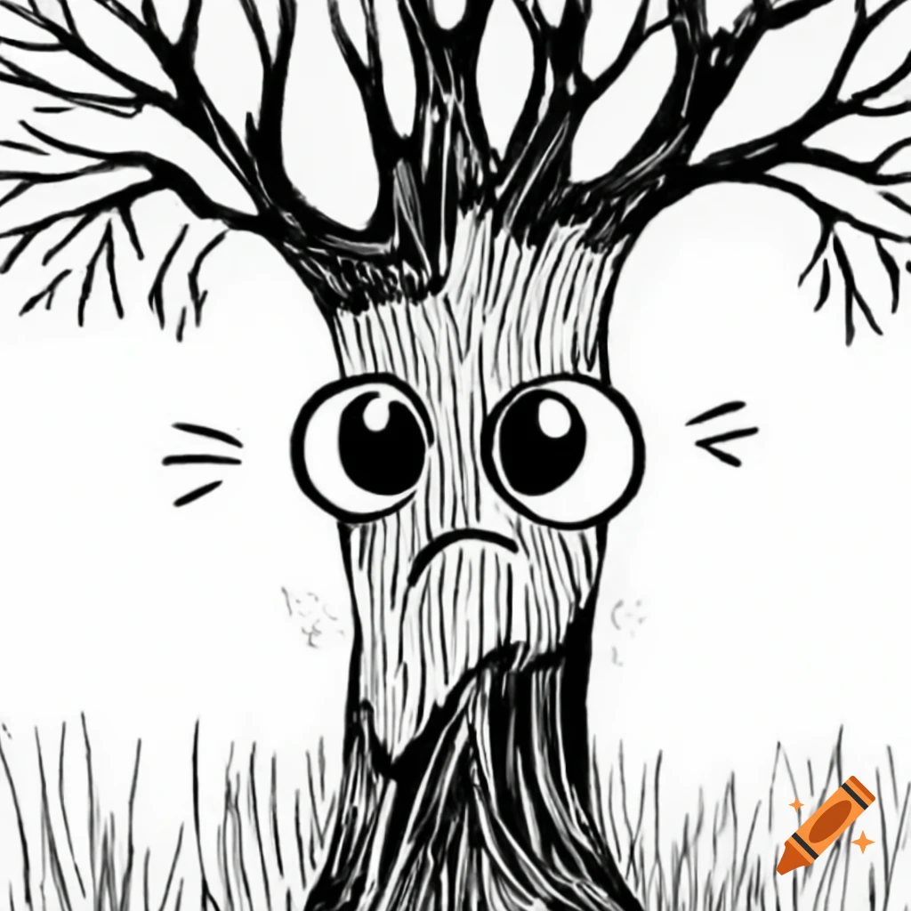 Black and white drawing of tree with human-like confused face on Craiyon
