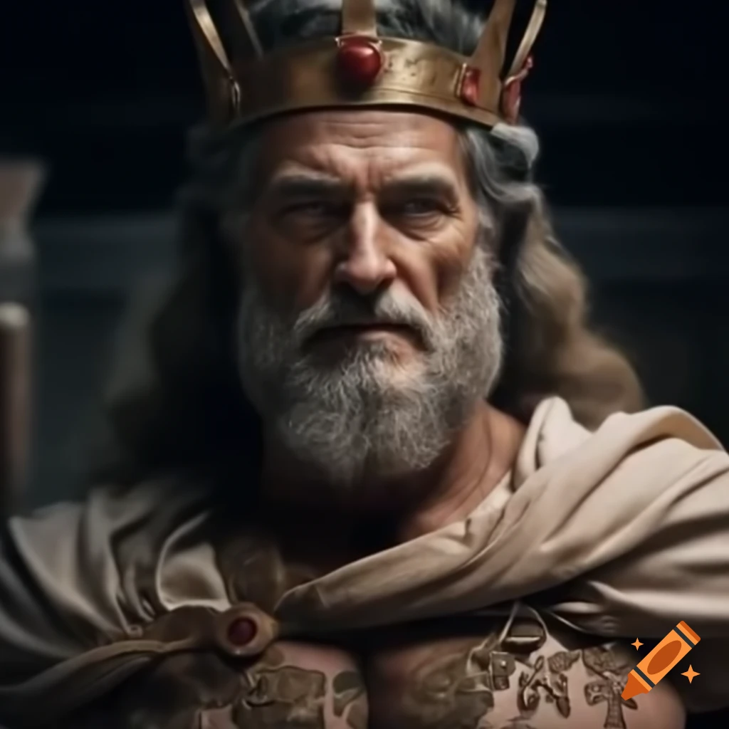 Regal figure in embroidered cloak representing ancient Greek power on ...