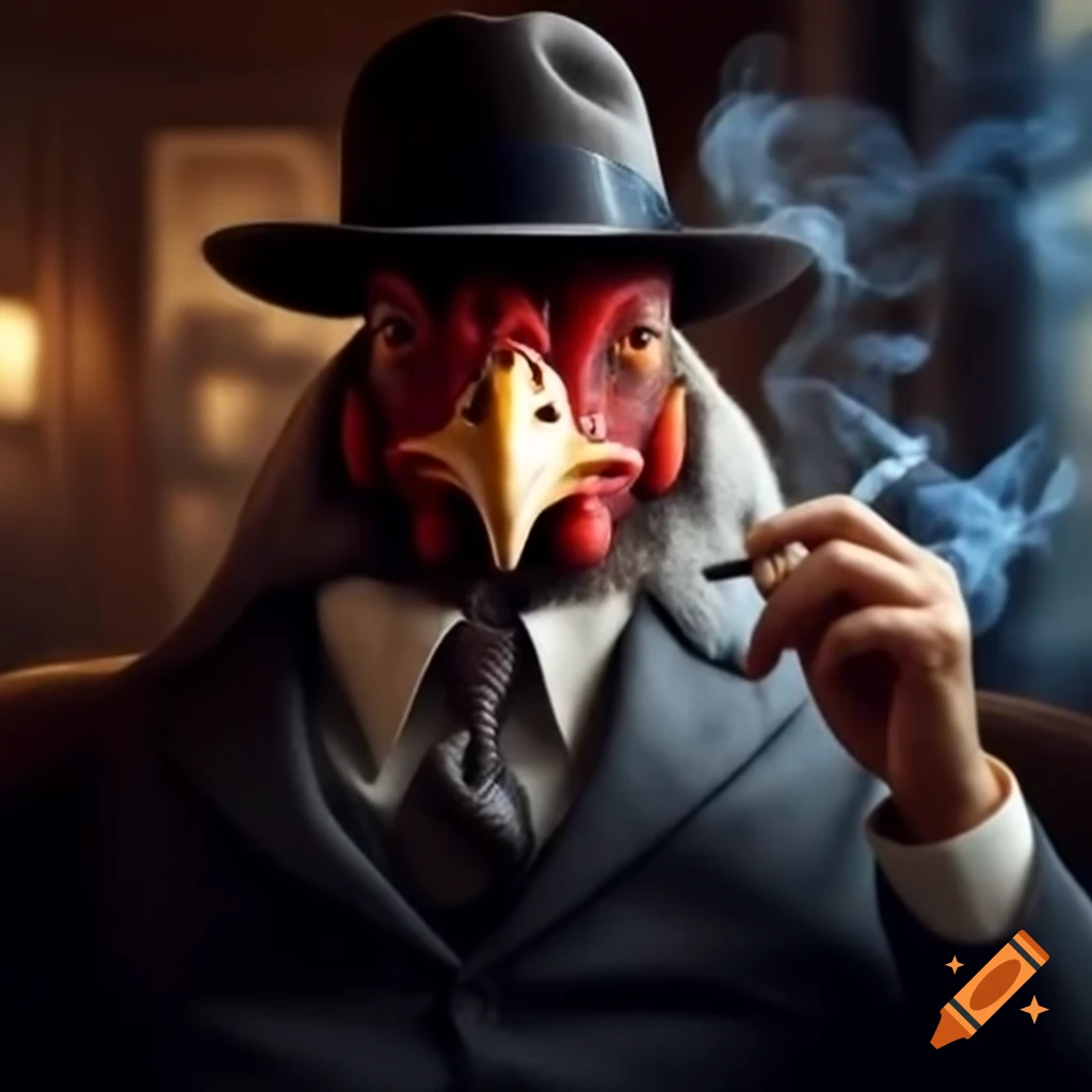Rooster dressed in 1930s mafia style smoking cigarette on Craiyon