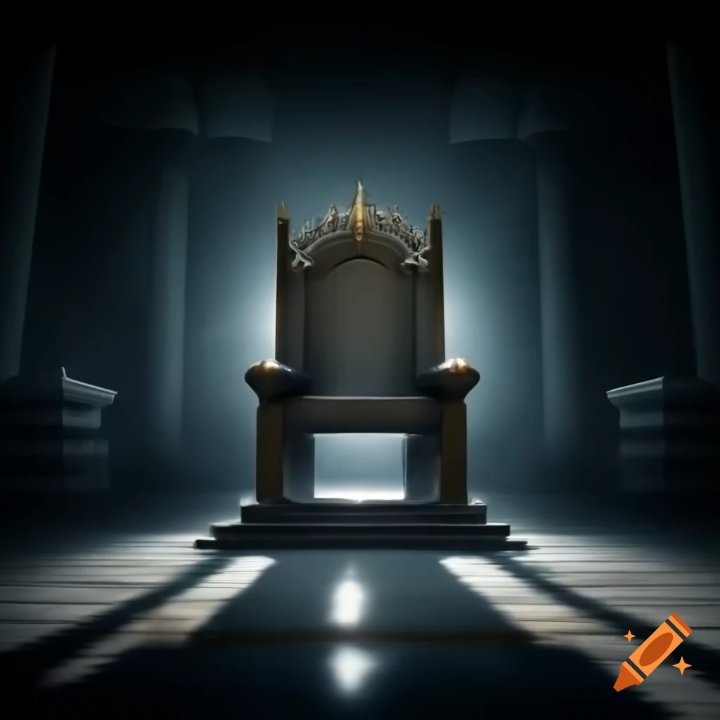 Empty Caesar's throne surrounded by shadows with Roman crown and dagger ...