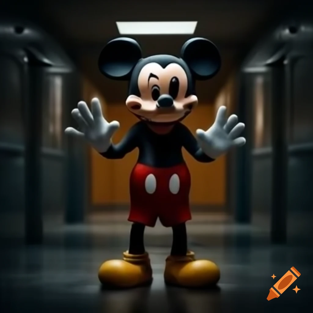 Realistic Mickey Mouse mascot waving in dark hallway on Craiyon