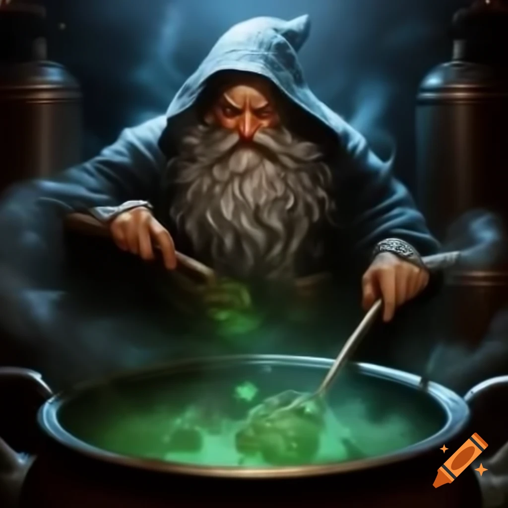 Aged wizard stirring cauldron in misty potion chamber on Craiyon