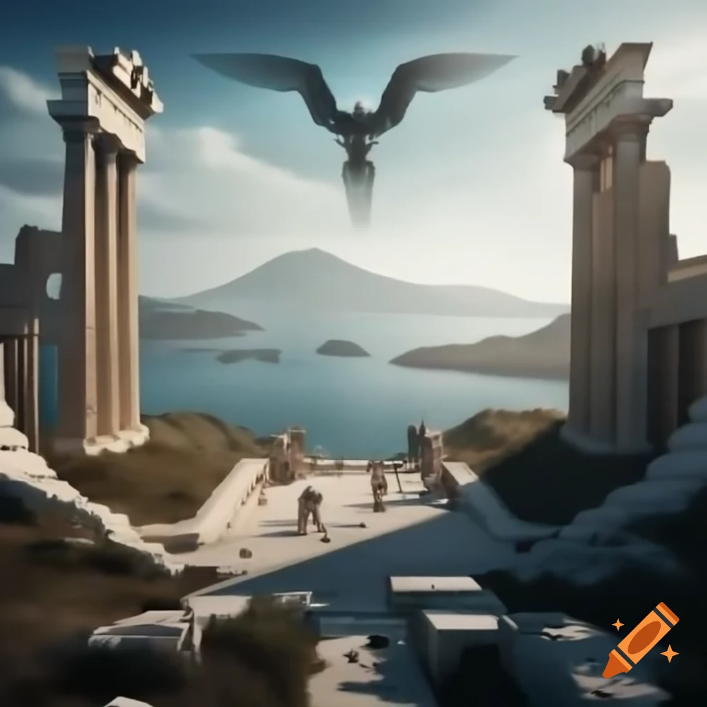 Cinematic view of futuristic ancient greece with ocean and winged ...