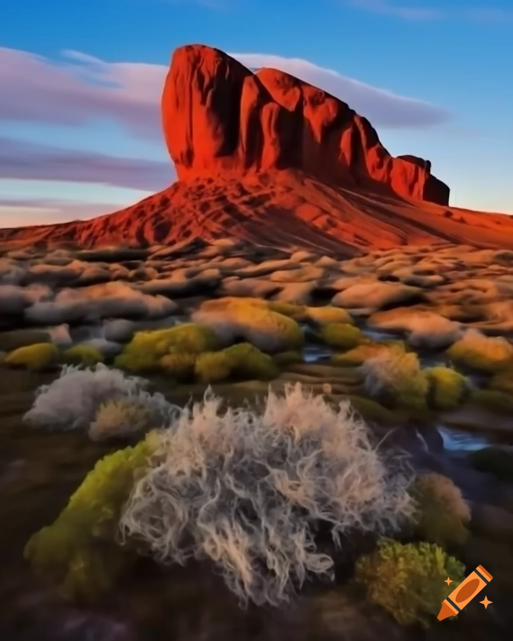 Sandstone outcrop with bushes and dry branches during golden hour on ...