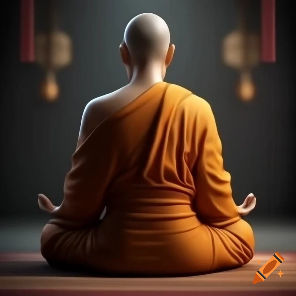 3D realistic image of bald buddhist monk meditating in full body view ...