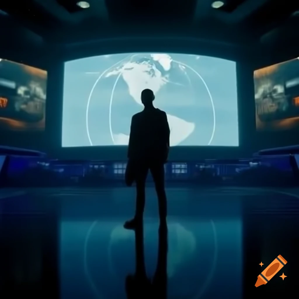 Andrew Tate in front of large screen with real world logo in cinematic ...