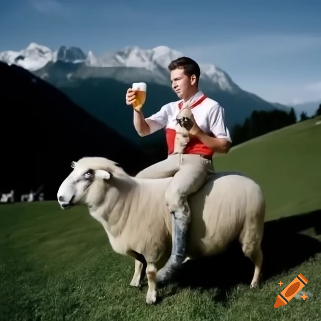 Young man riding sheep in meadow with alps, holding beer and schnitzel ...