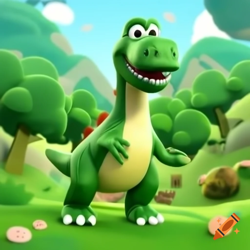 Friendly dinosaur named dino in a vibrant green valley on Craiyon