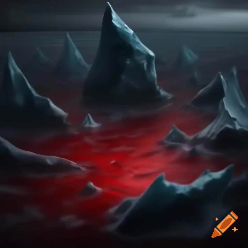 Crimson sea with scarlet waves beneath midnight sky and towering black ...