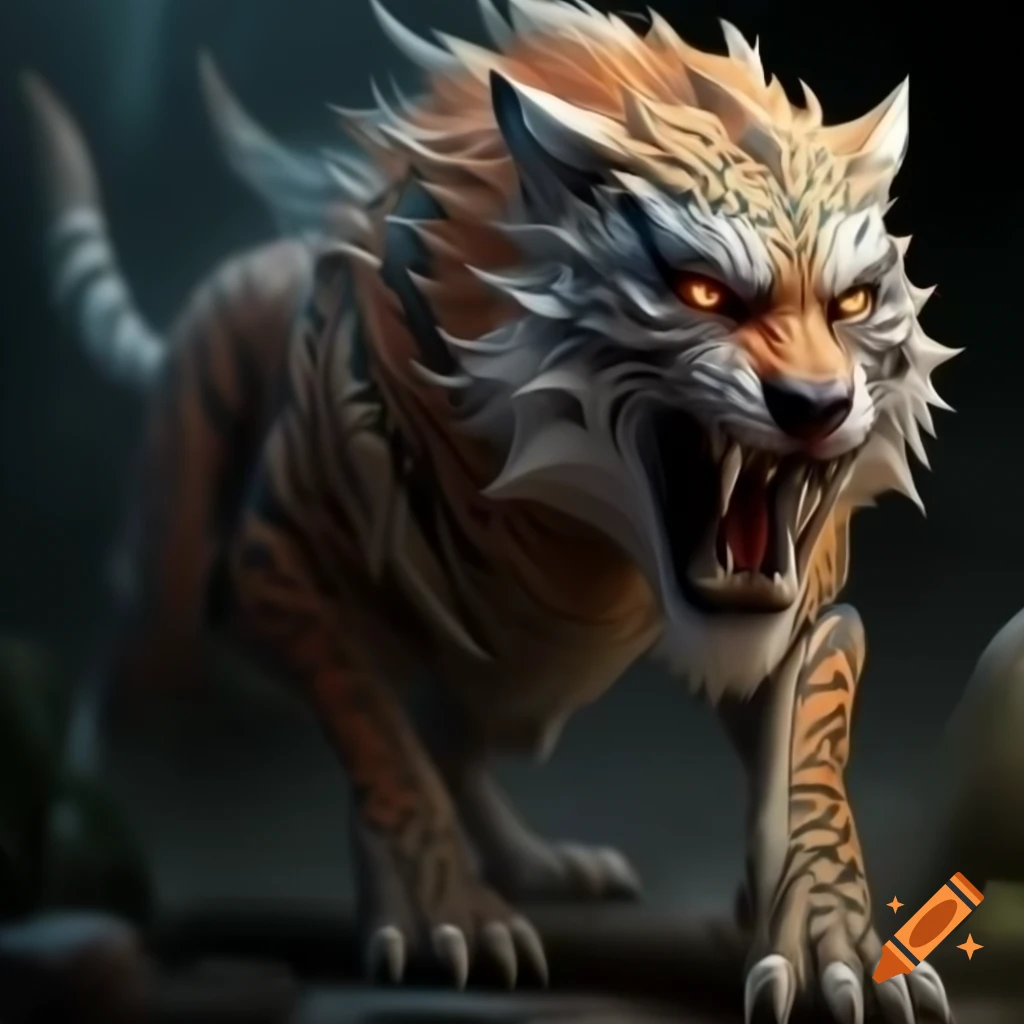 Mythical creature combining tiger and wolf features with harmonious ...