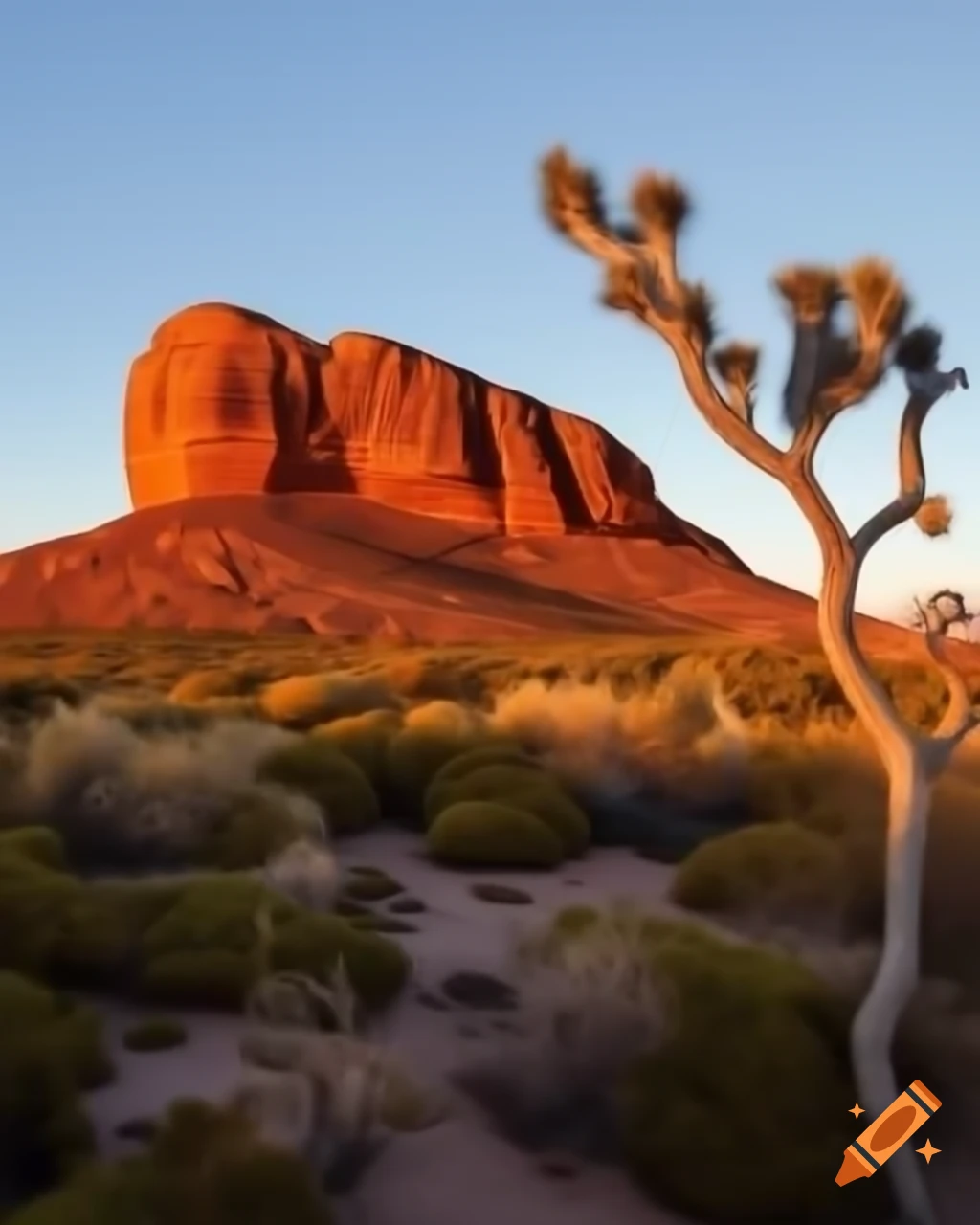 Sandstone outcrop with bushes and dry branches during golden hour on ...