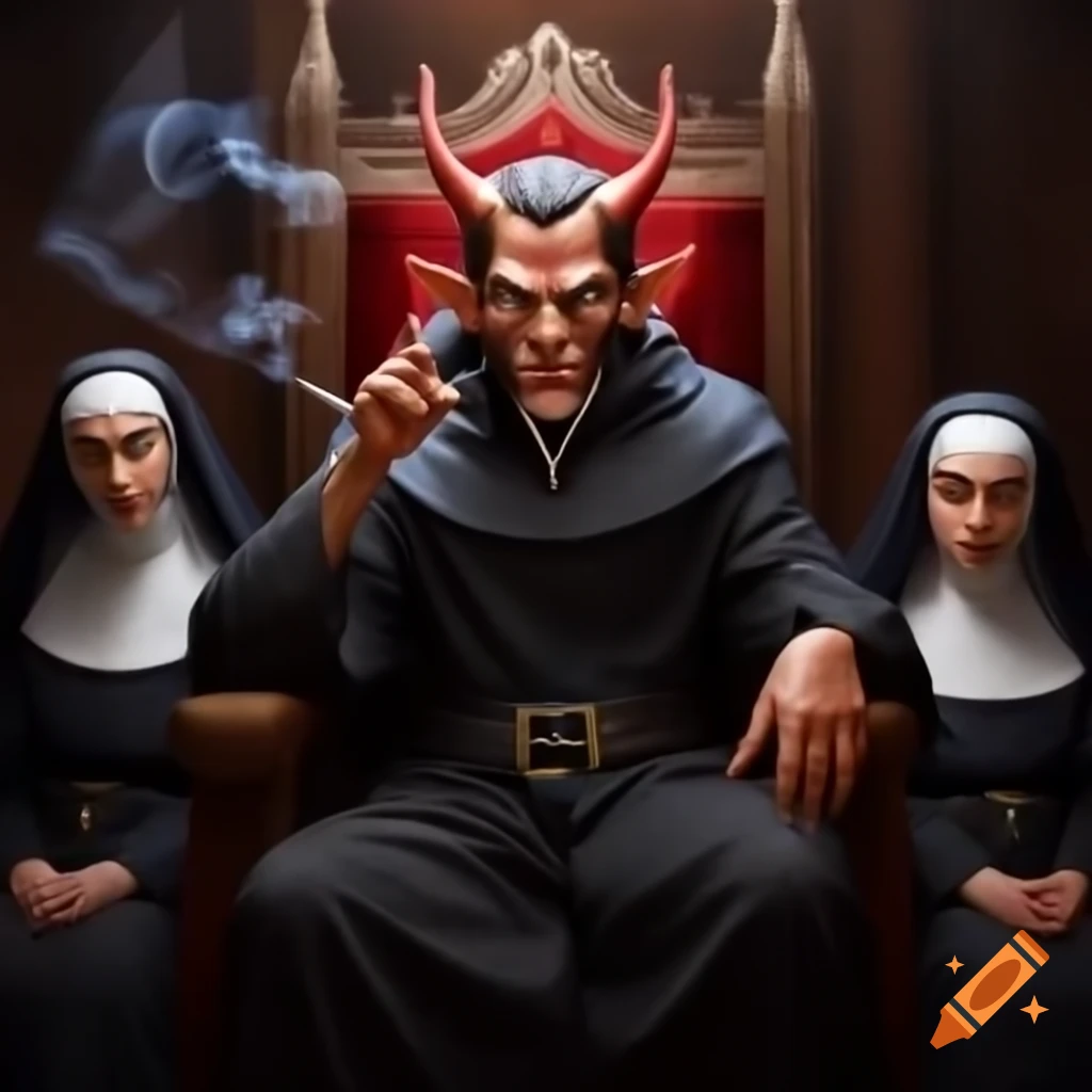 Devil sitting on throne with nuns, dramatic scene on Craiyon