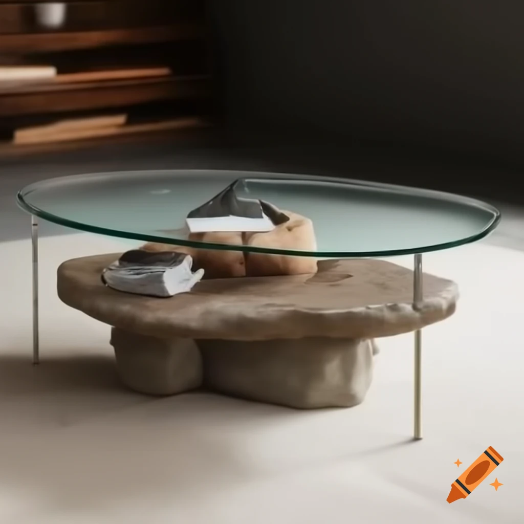 Rustic chic coffee table made of stone, wood, and glass with modern ...