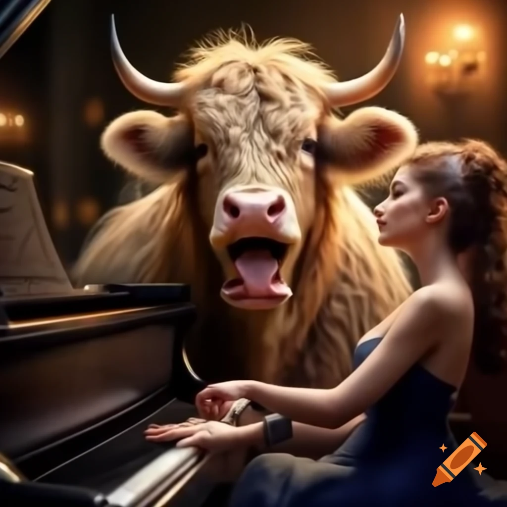 Long-haired shaggy cow singing opera with petite woman playing piano on ...