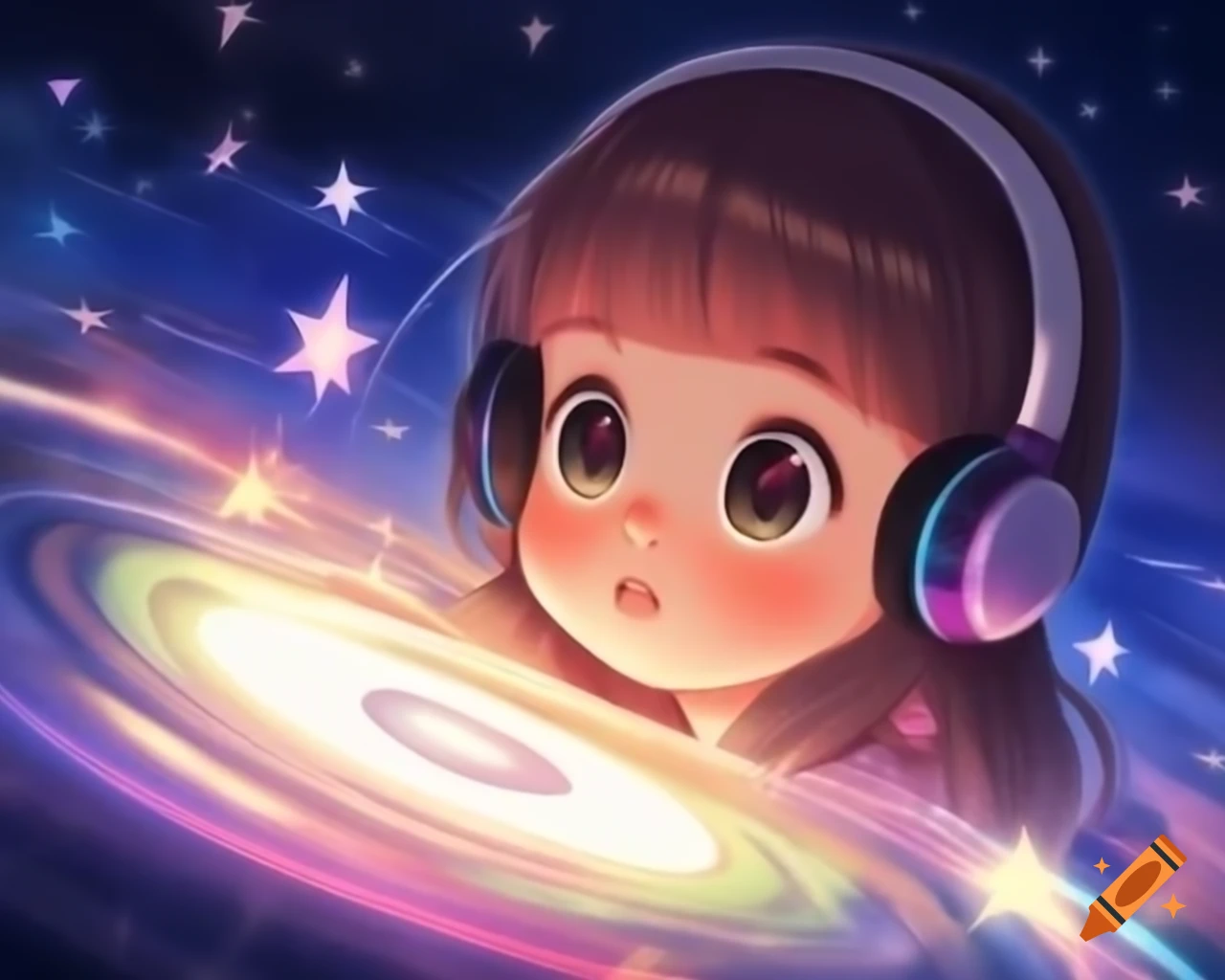 Anime girl immersed in dream world while listening to music with ...