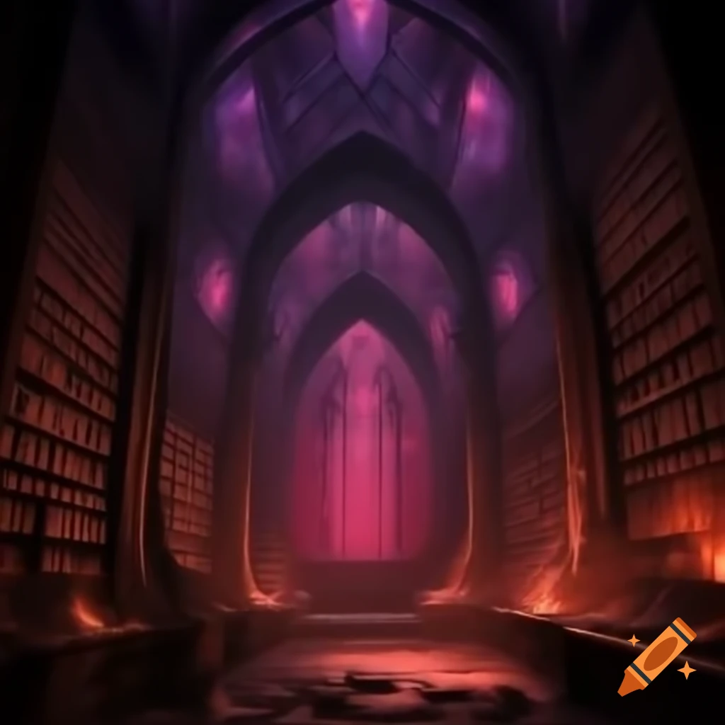 Gothic library illuminated by crimson glow with flames and colorful ...