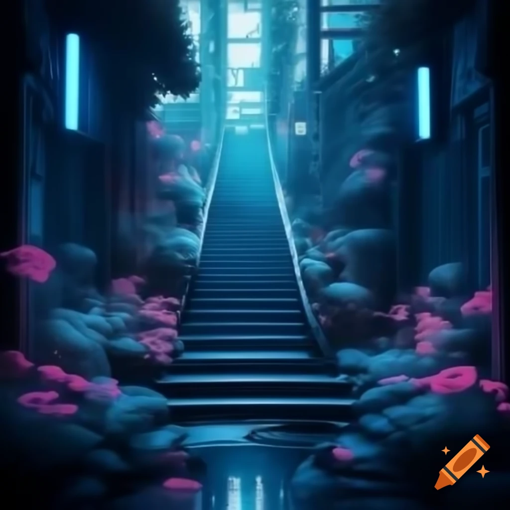 Indigo cyberpunk garden staircase on Craiyon