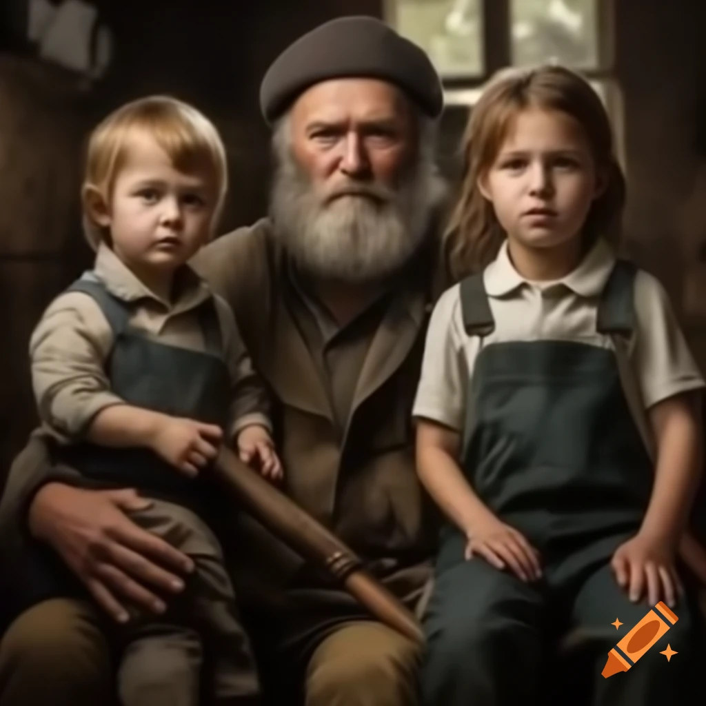 Realistic depiction of siblings in forest home with lumberjack father ...