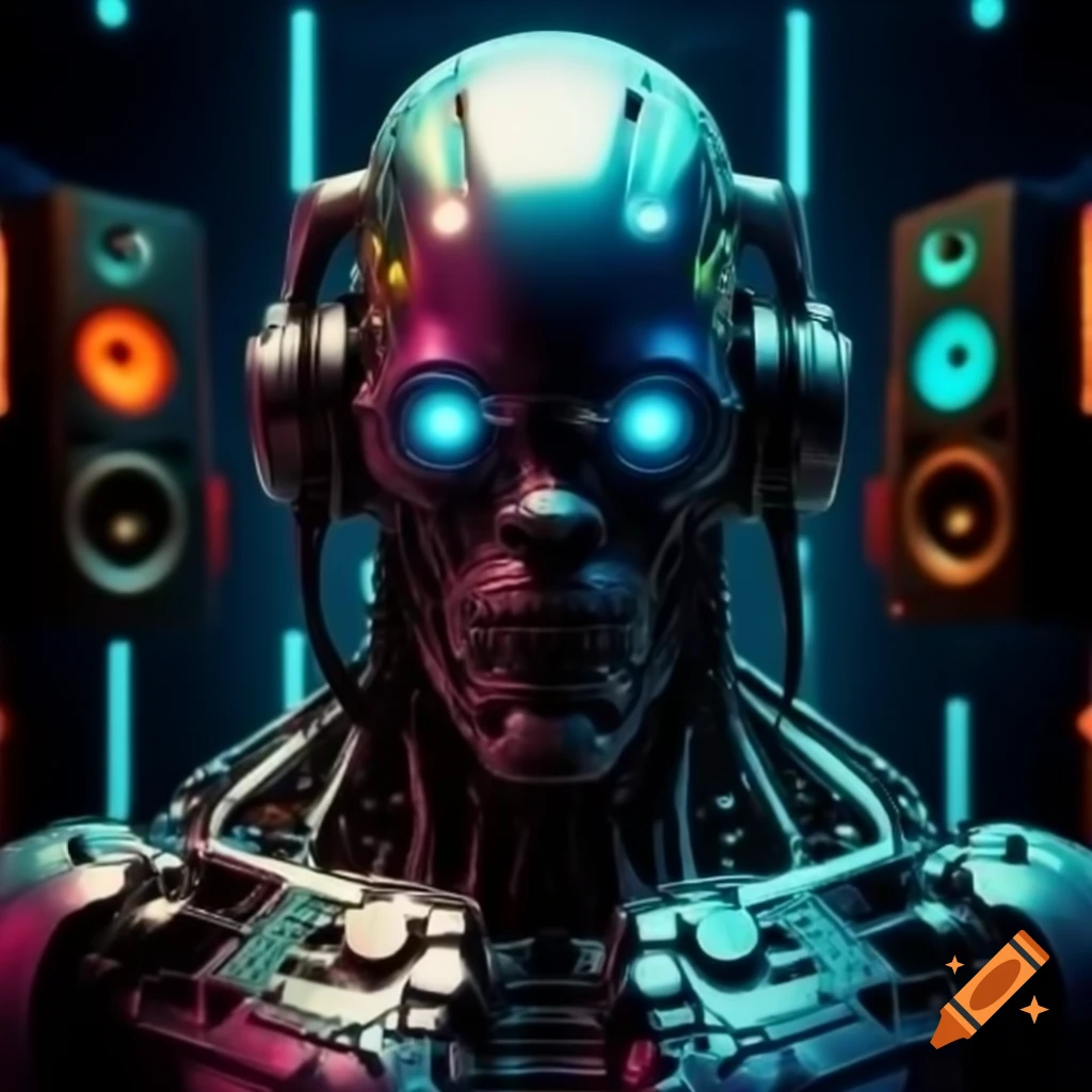 Vibrant cyborg sound monster with metallic body and DJ mixer limbs on ...
