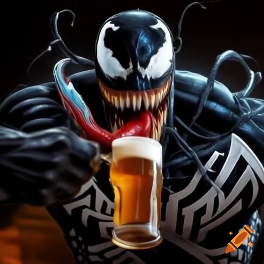 Superhero Venom enjoying a beer with ELY label on Craiyon