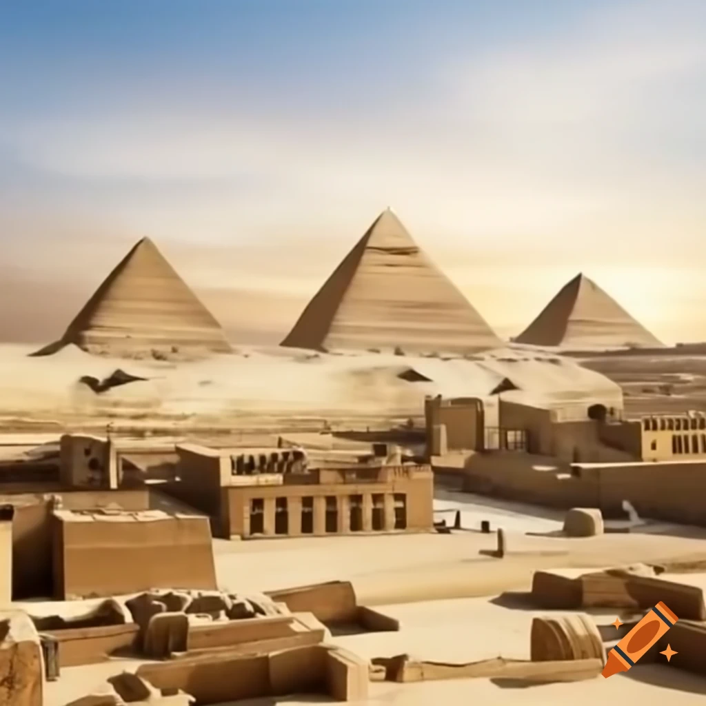 View of ancient Egyptian monuments and pyramids from city streets on ...