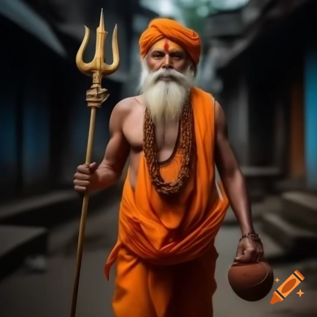 Traditional indian village scene featuring a wise and muscular yogi on ...