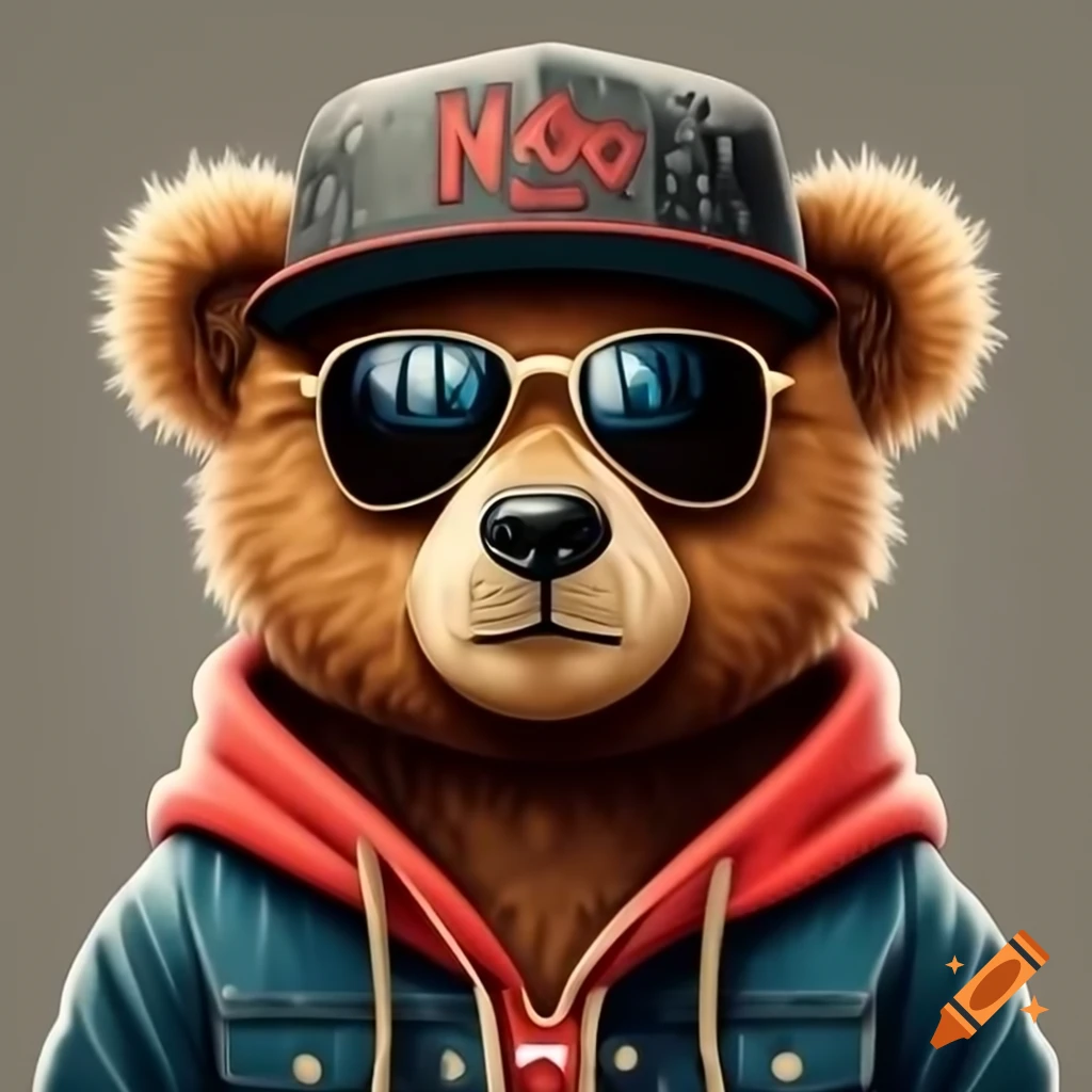 Trendy teddy bear with sunglasses and cap resembling a rapper on Craiyon