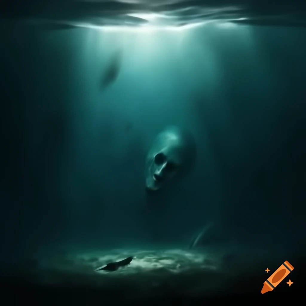 Eerie underwater scene in abyssal ocean with glowing massive creature on Craiyon