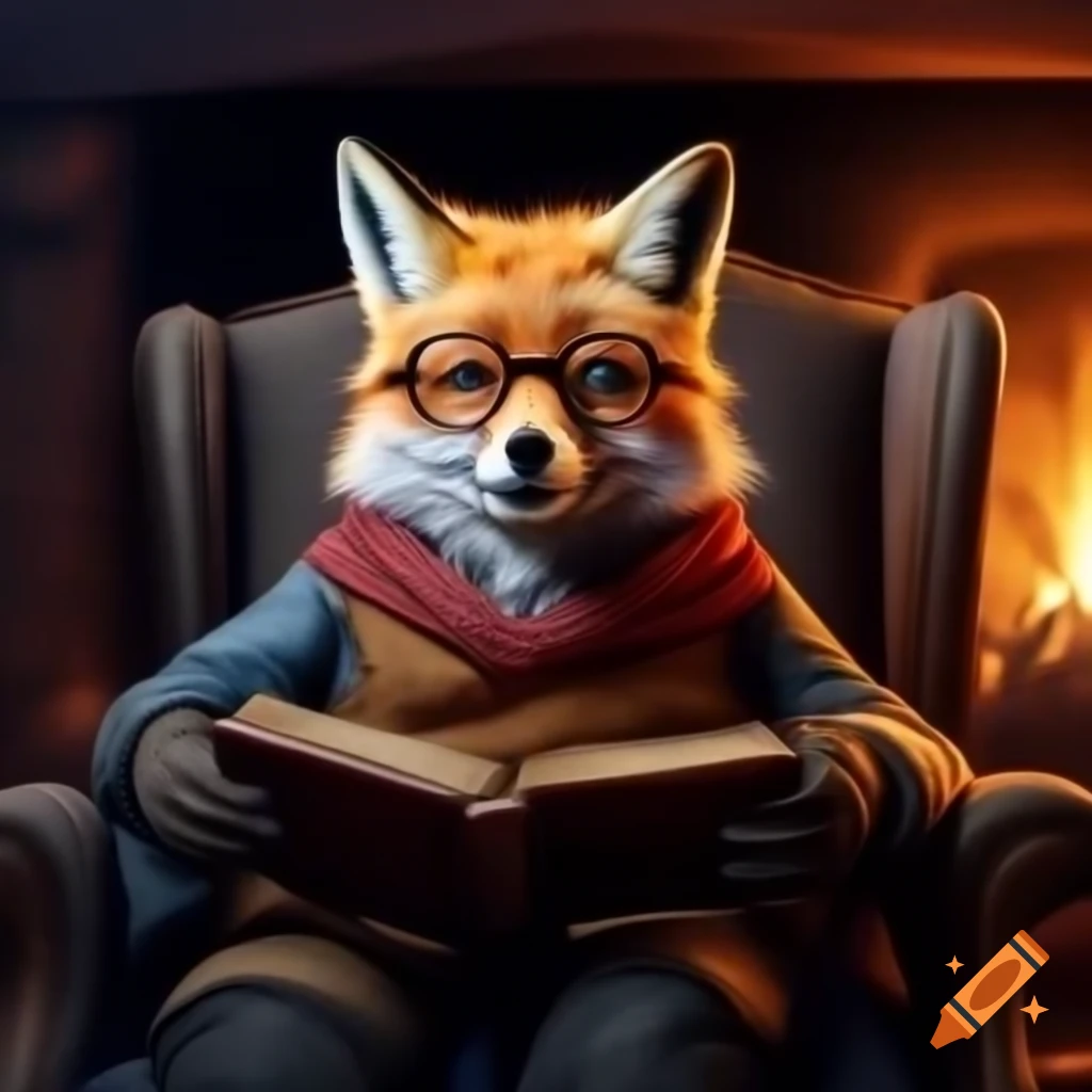 Wise fox with glasses reading in cozy armchair by fireplace on Craiyon