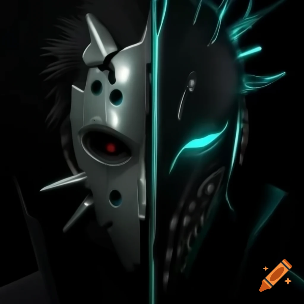 Cyberpunk Obito Uchiha mask with teal pipes and sapphire light on Craiyon