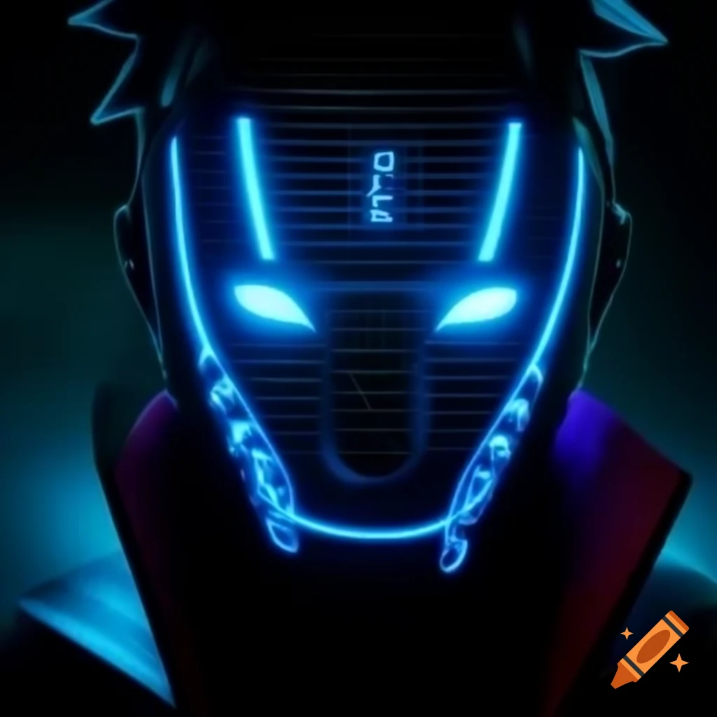 Cyberpunk Obito Uchiha mask with glowing blue eye on Craiyon
