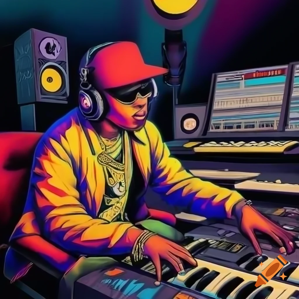 Vibrant colored pencil illustration of hip-hop scientist in recording ...