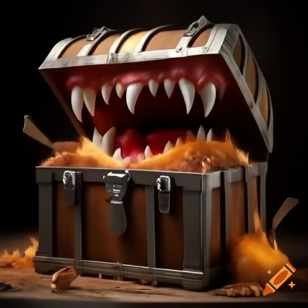 Treasure chest with sharp teeth and long arms on Craiyon