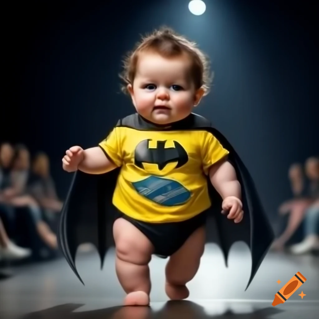 Chubby baby in batman outfit confidently walking on fashion runway ...