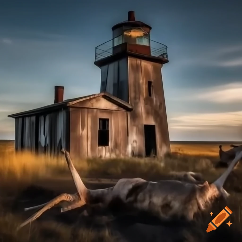 Abandoned lighthouse on fire with deer running nearby on Craiyon
