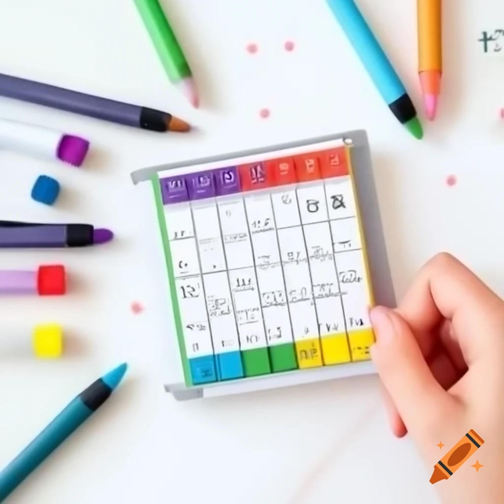 Vibrantly colored calendar marking study sessions and reminders on Craiyon