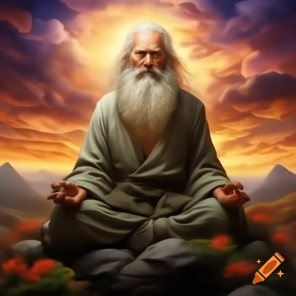 Elderly sage meditating on mountaintop at sunrise with clouds and ...