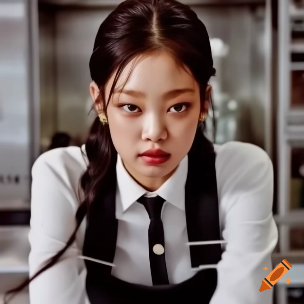Full body of Jennie from Blackpink in a serious waitress outfit on Craiyon